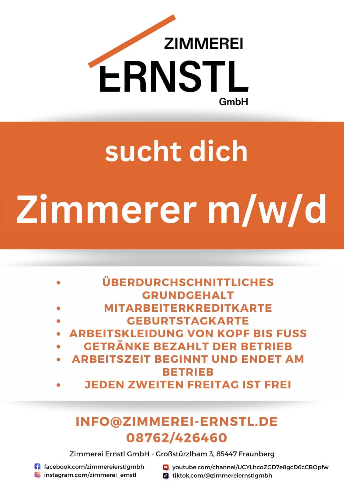 Freie Stellen: Zimmerer (m/w/d) in Taufkirchen, Erding & Fraunberg